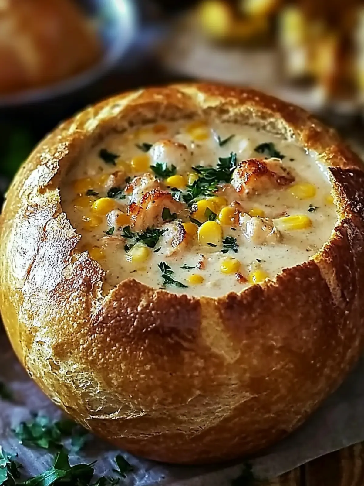 Irresistible Creamy Crab Corn Chowder in Crispy Bread Bowls