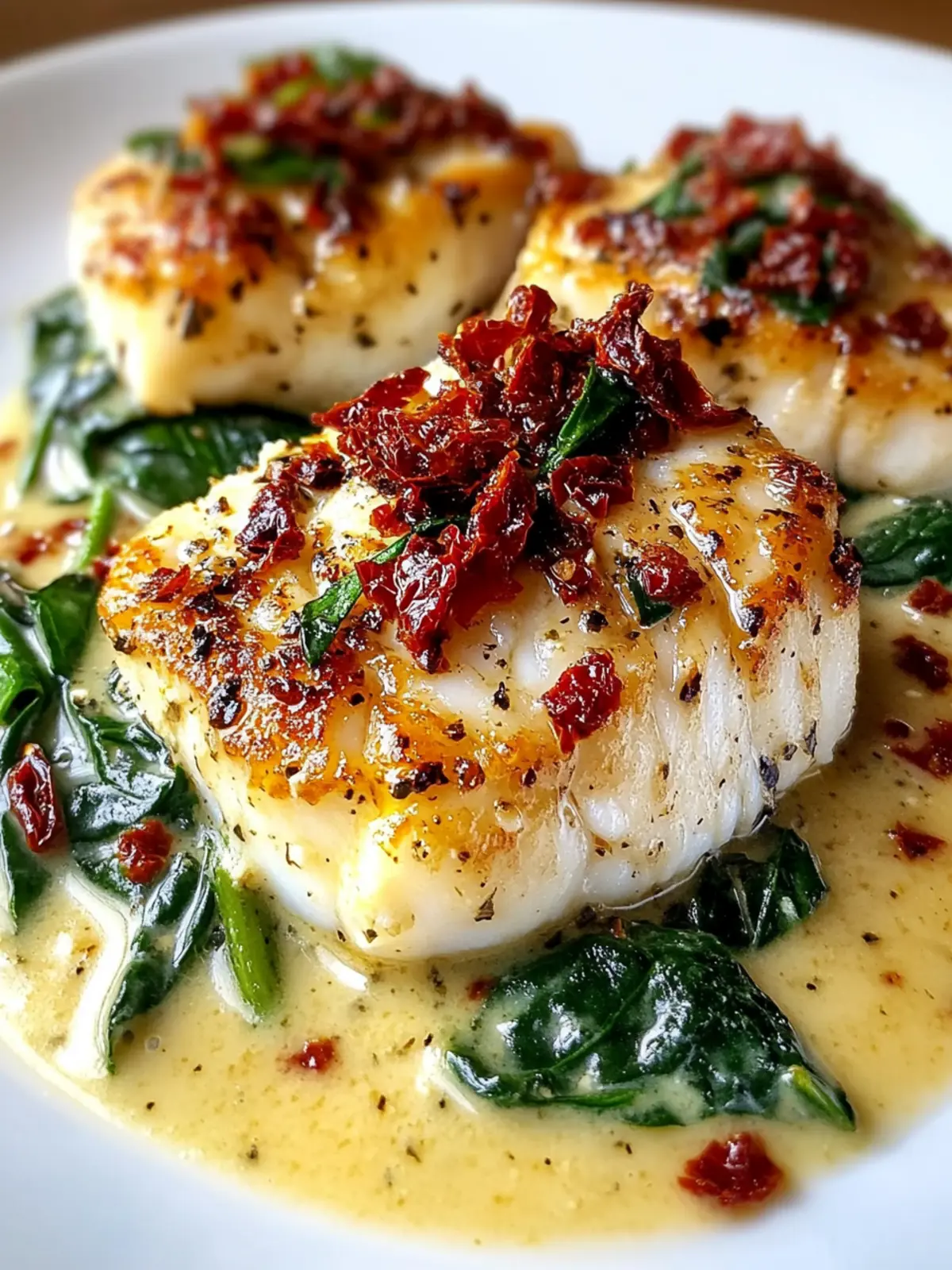 Irresistible Creamy Garlic Butter Cod with Spinach & Sun-Dried Tomatoes