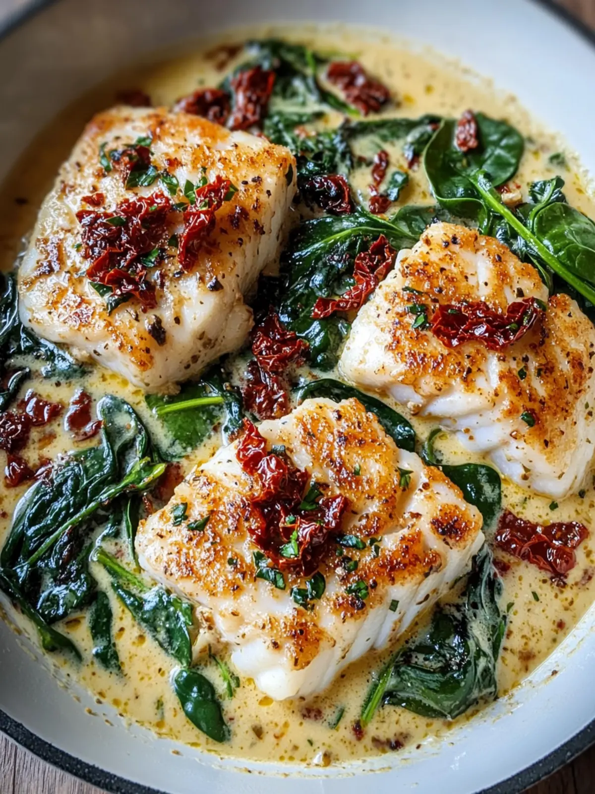 Irresistible Creamy Garlic Butter Cod with Spinach & Sun-Dried Tomatoes